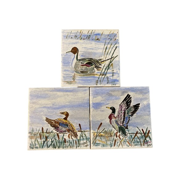Art | 3 Hand Painted Water Fowl Tiles Duck Tiles Signed V Corlett 1965 ...